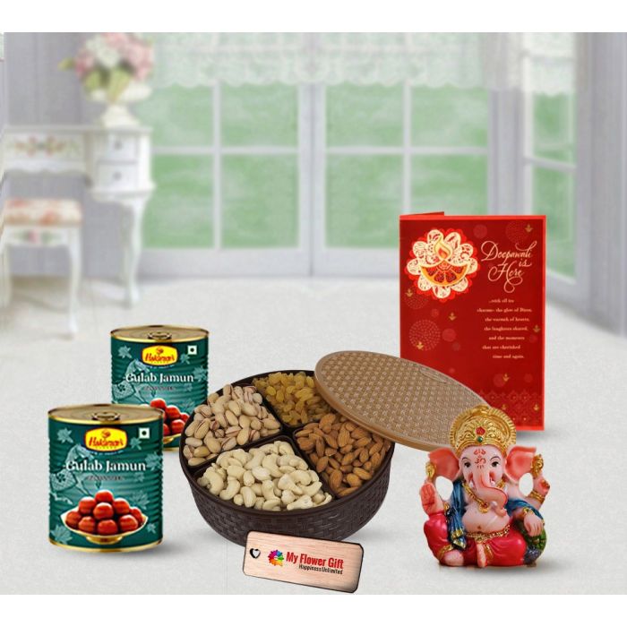 Gulab jamun, Box of Assorted Dry fruits, Ganesha Idol with Diwali ...