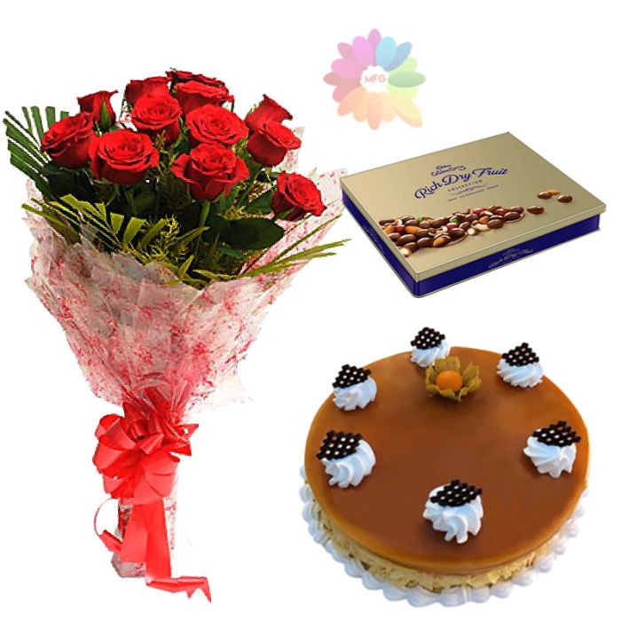 Buy Red Roses, Butterscotch Cake With Box Of Cadburys Premium ...