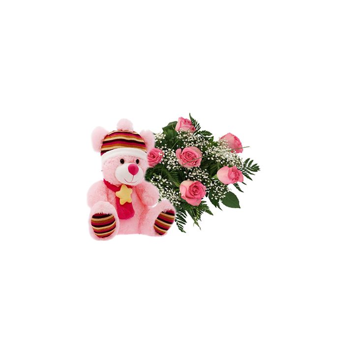 Pink Roses Bouquet With Teddy Camo | Flower & Teddy Online Delivery